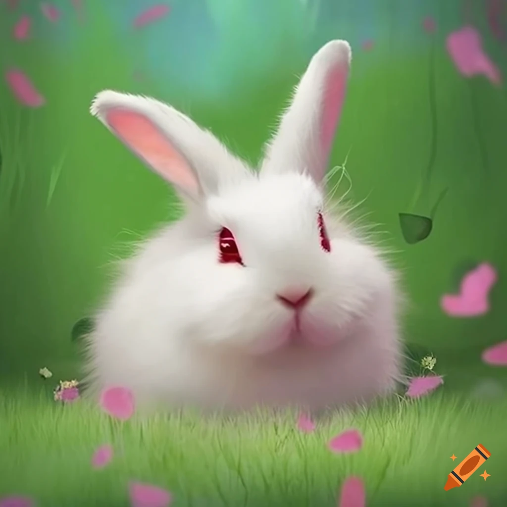 Whimsical rabbit Mimi in a grassy meadow with flower petals, soft ...