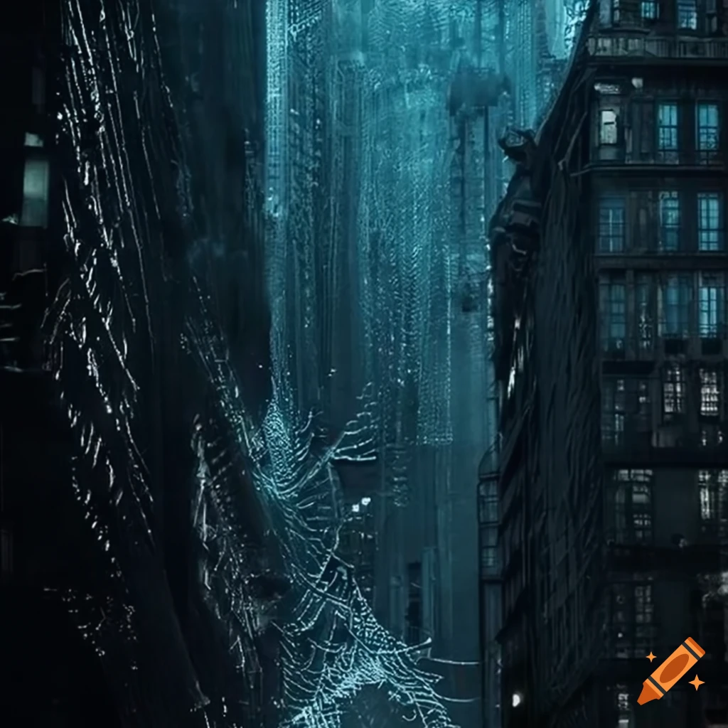 Surreal sci-fi horror depiction of New York City covered in spider webs ...