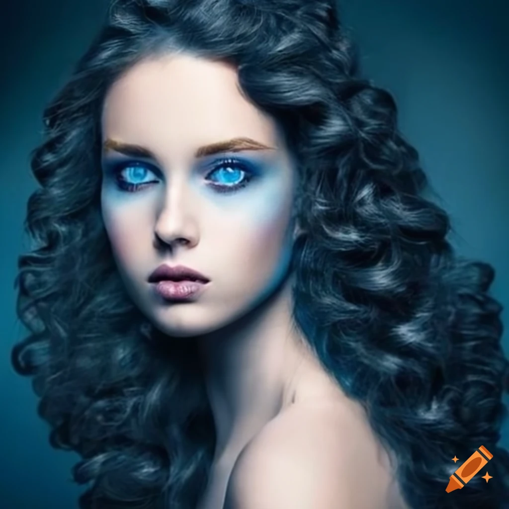 Ethereal beauty with expressive blue eyes and long black cascading ...