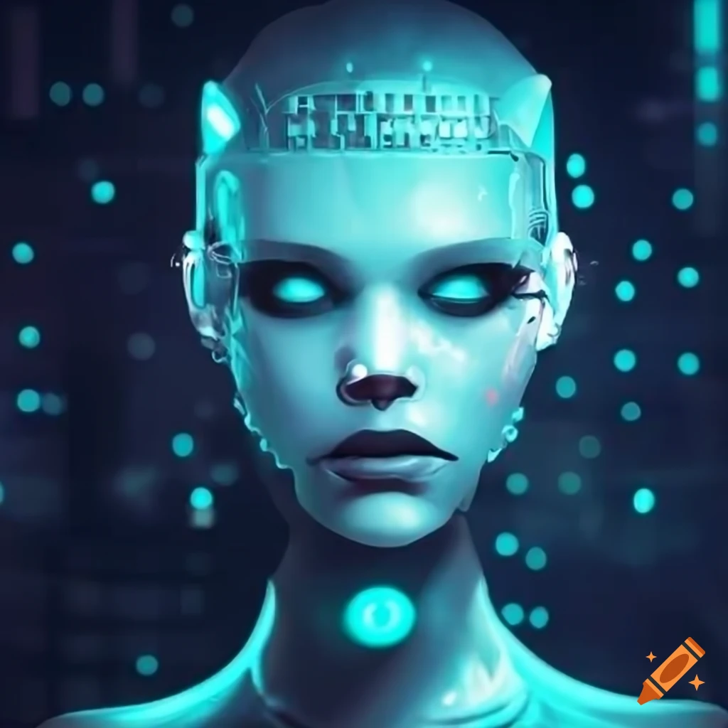 Mysterious cyber character with a futuristic background, close-up on ...