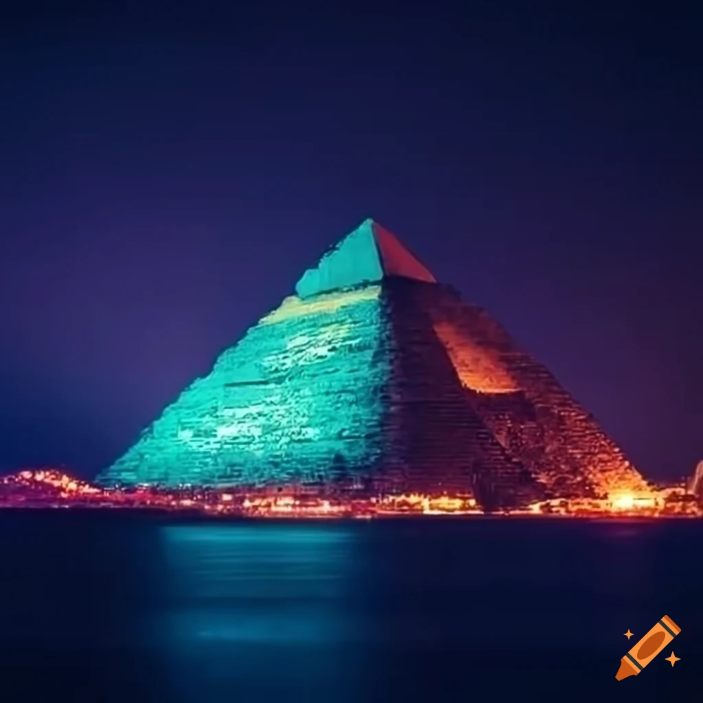 Egyptian pyramids with nike logo at night, an ancient city lights up ...
