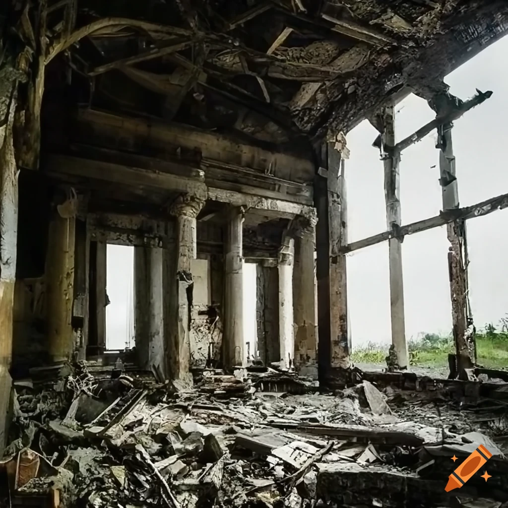 Broken and destroyed post-apocalyptic ruins of a temple on Craiyon