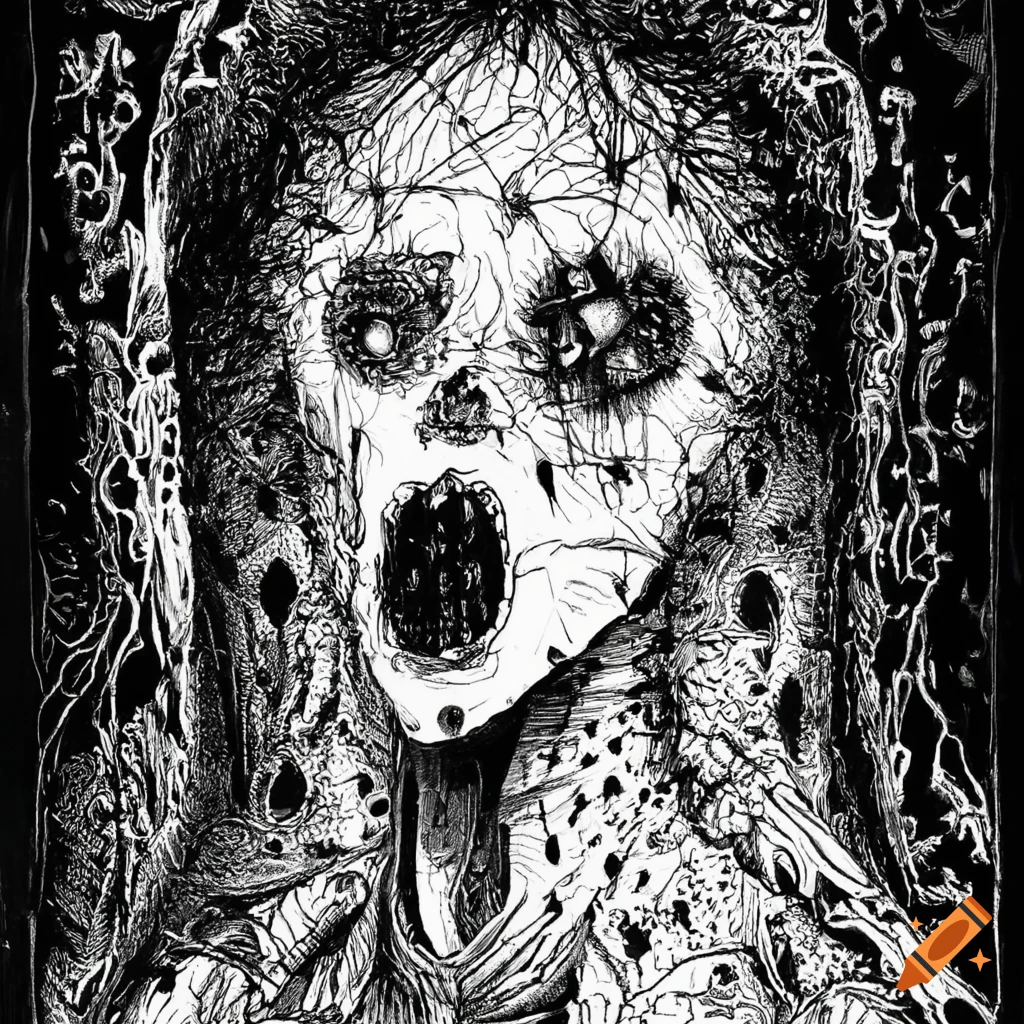 Intricate black and white ink drawing of a tormented ghost consumed by ...