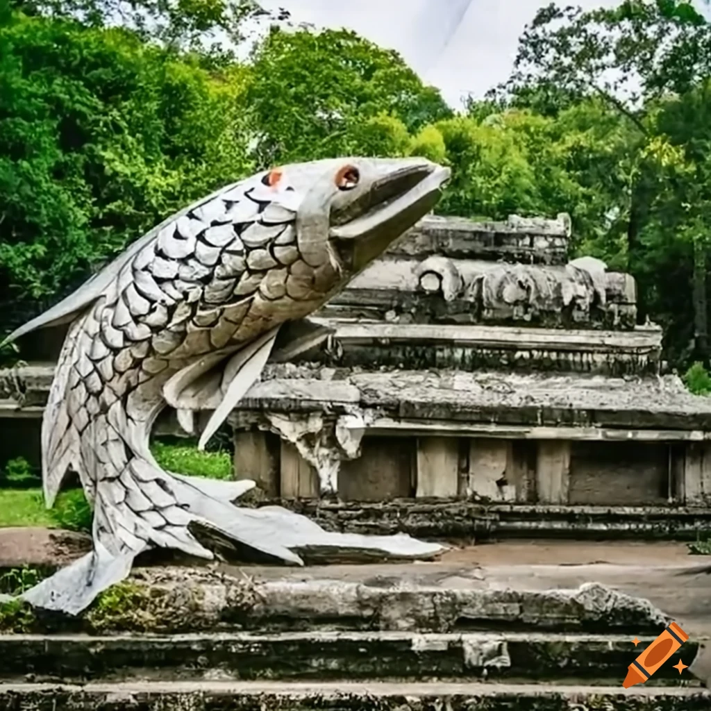 Broken and destroyed statue of koi fish in a post-apocalyptic temple ...