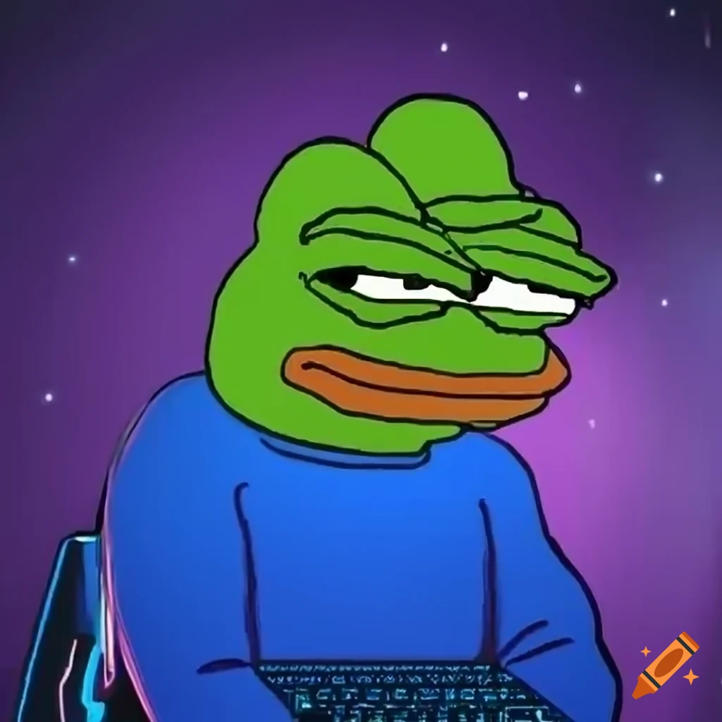 Pepe the Frog in a high-tech lab coding with VR goggles on Craiyon