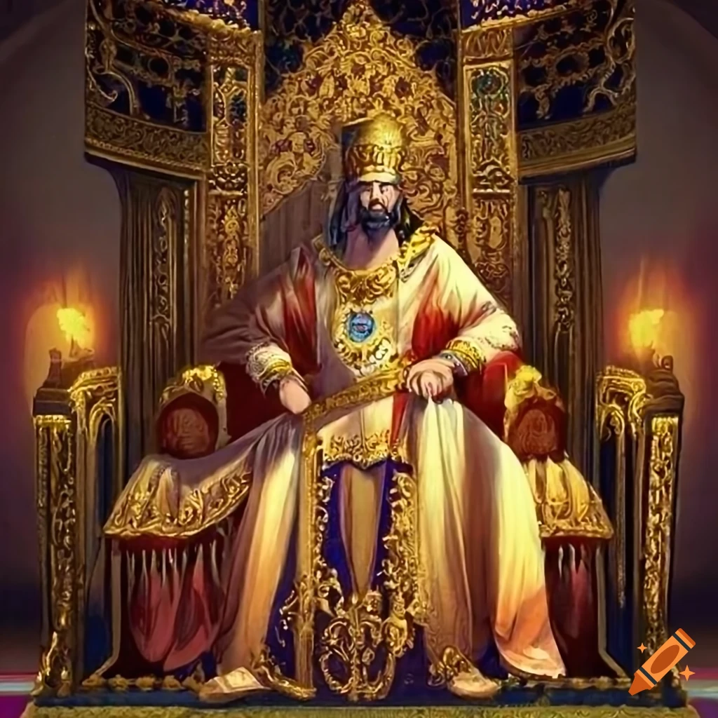 Painting of King Cyrus of Persia in regal attire on a grand throne on ...