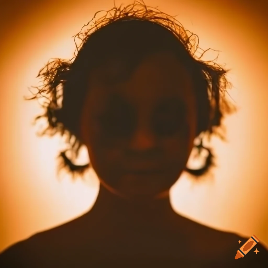 Hand-stitched head silhouette in a close-up of a village with orange ...