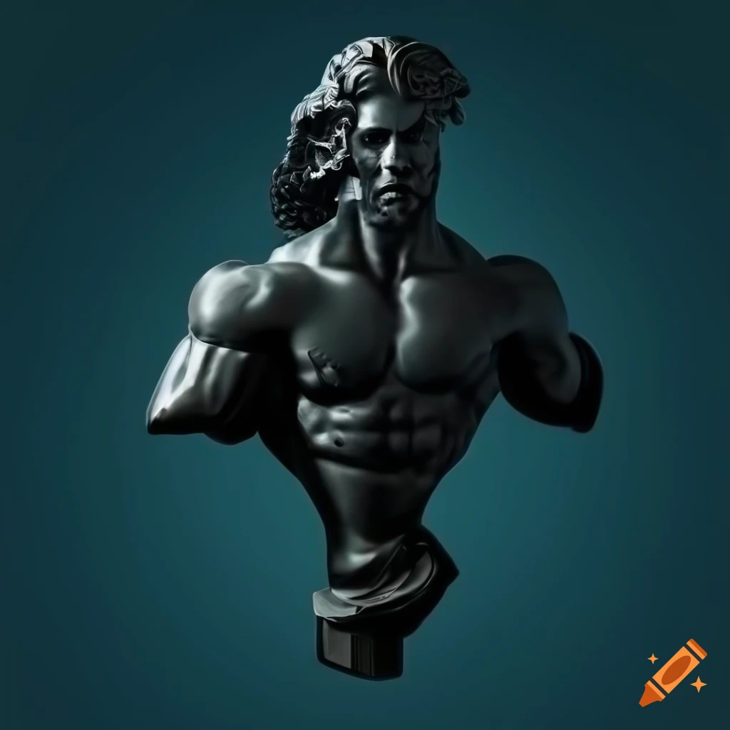Greek statue with defined muscles and robe in black on Craiyon