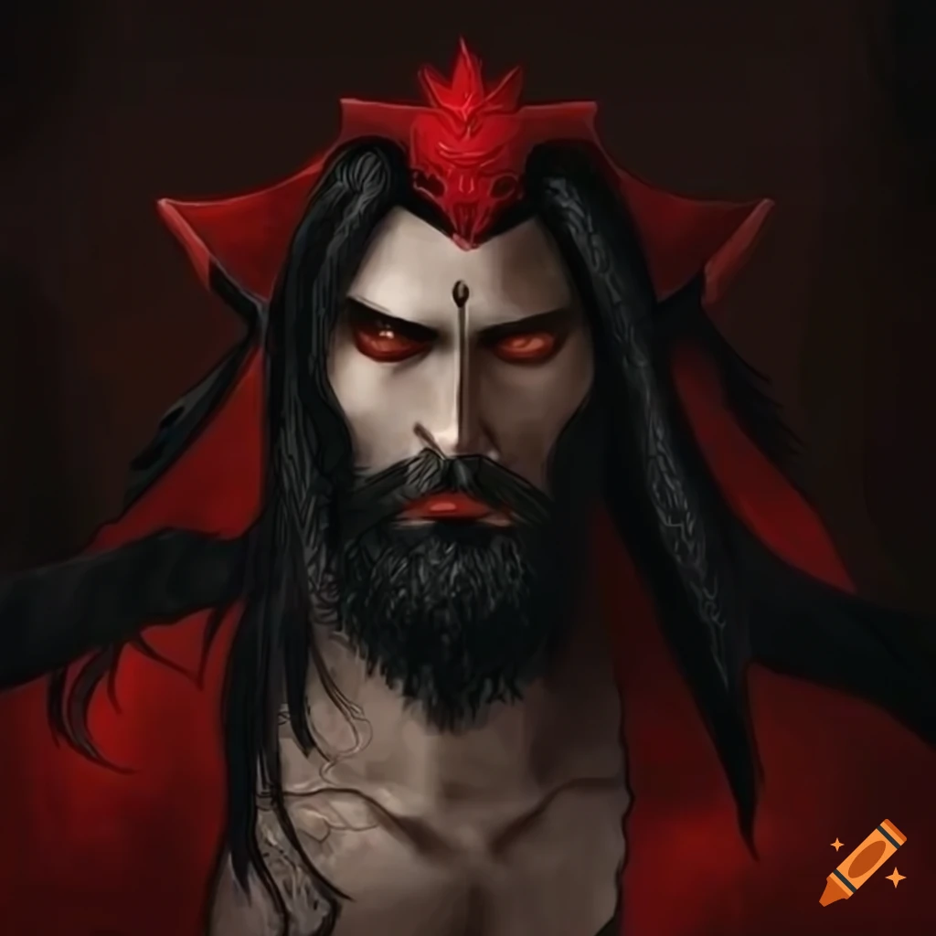 Young handsome lich with red eyes and crown standing on a mountain on ...