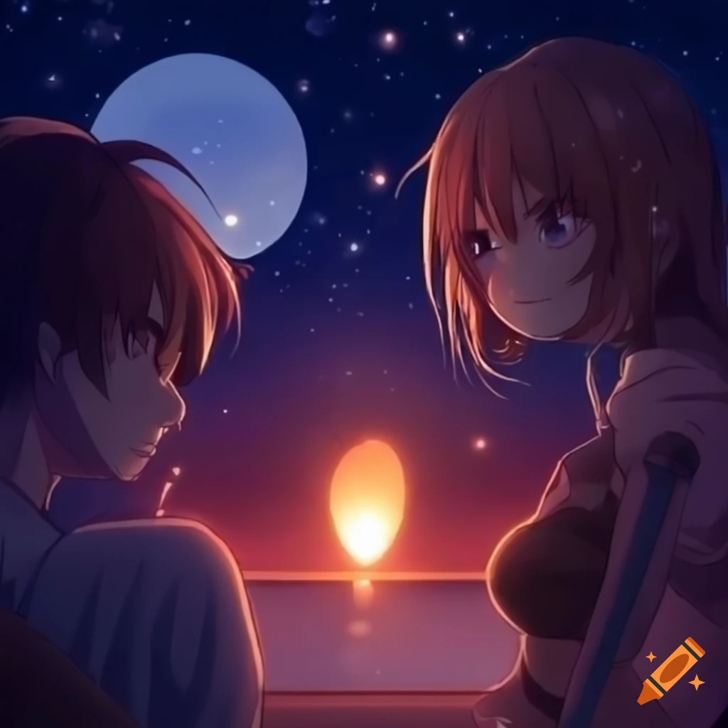 Anime couple having a romantic night on a rooftop on Craiyon
