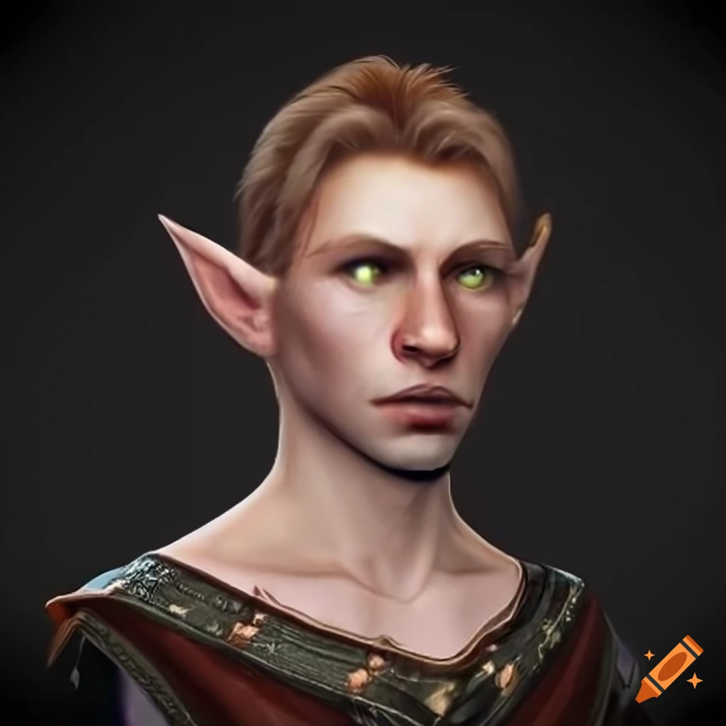 Male elf with blond hair and distinctive long, downward-tilting ears on ...
