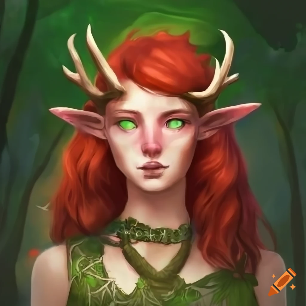 Female firbolg druid with red hair and antler crown in a mushroom ...