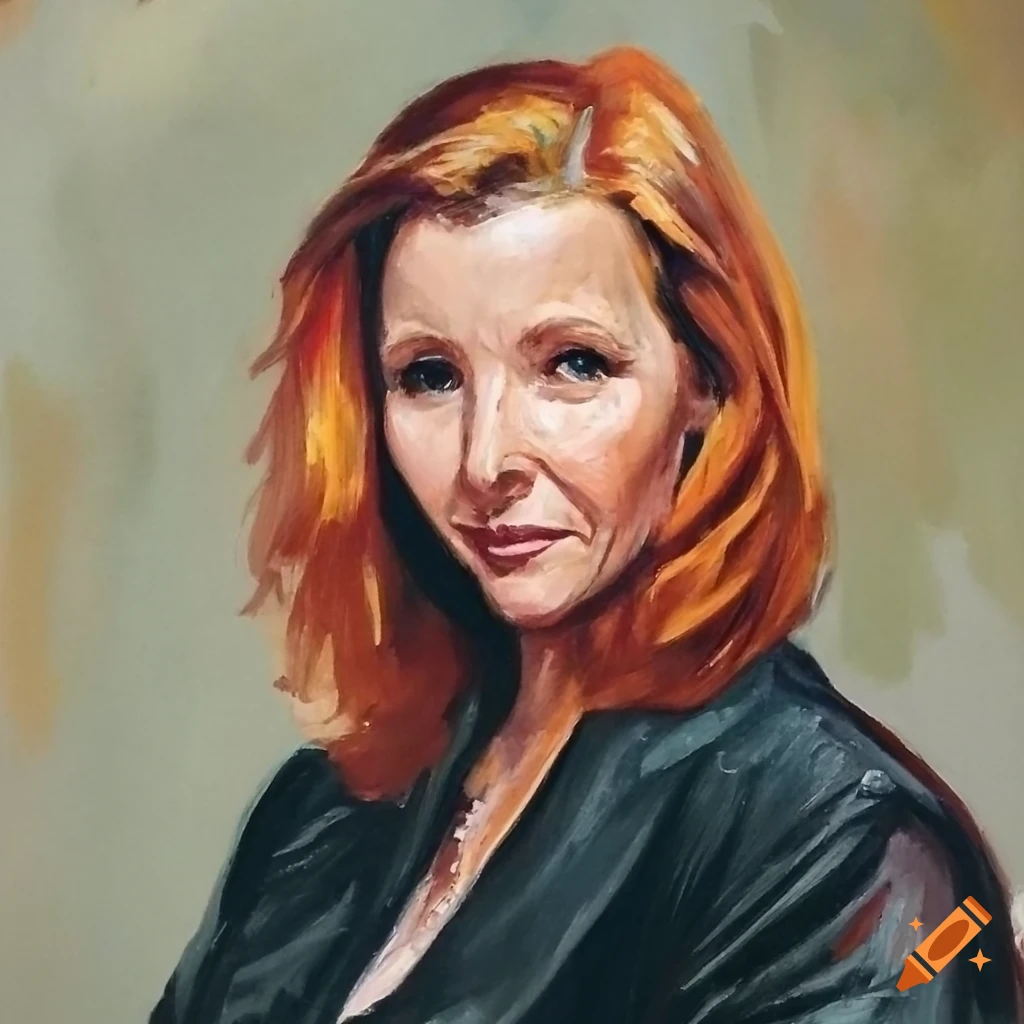Artist resembling Lisa Kudrow painting in a messy studio with red hair ...