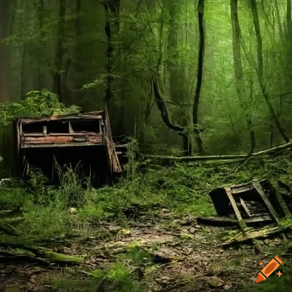 Overgrown clearing in dense woods with a destroyed cart and broken ...