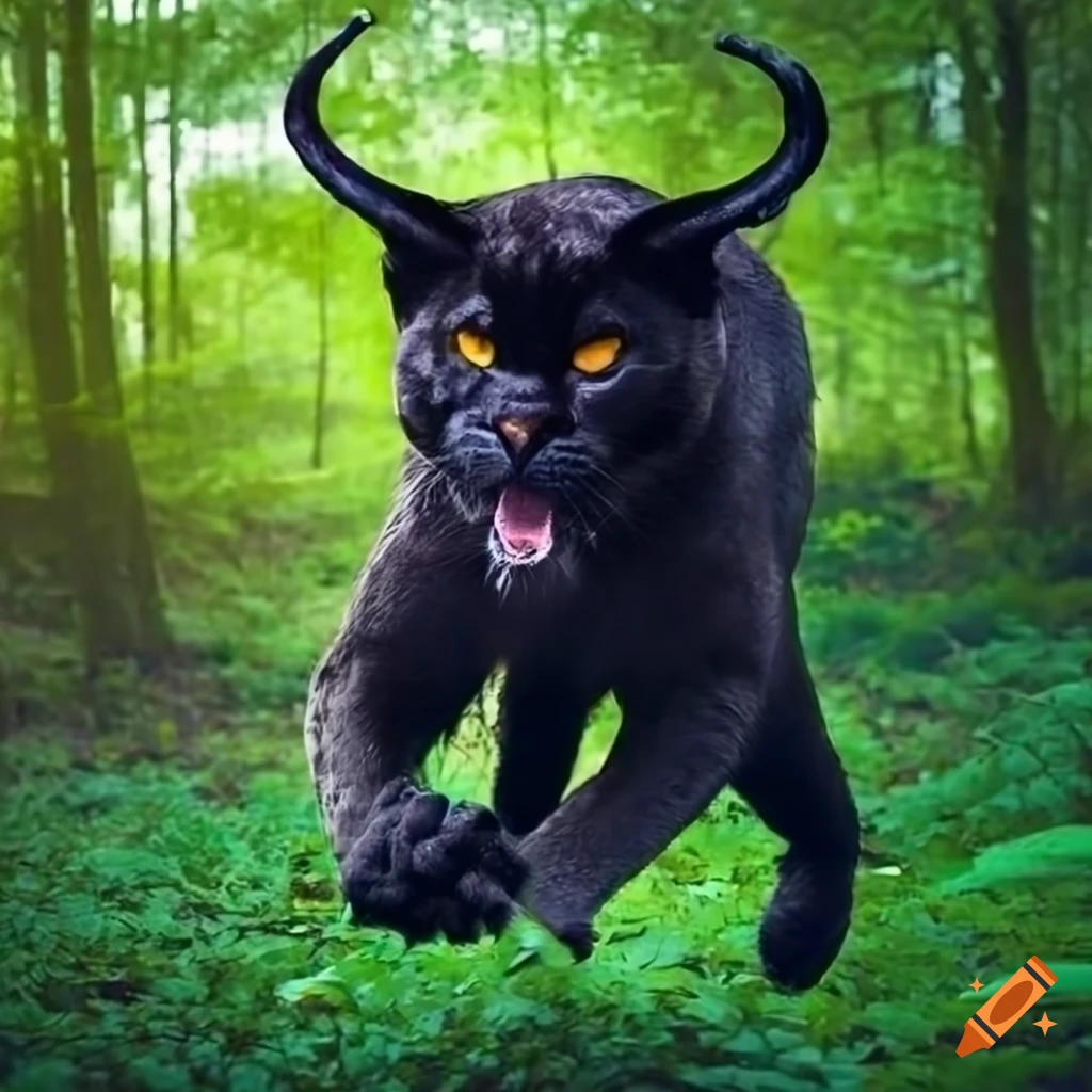 Black big cat with horns in a bright green forest on Craiyon