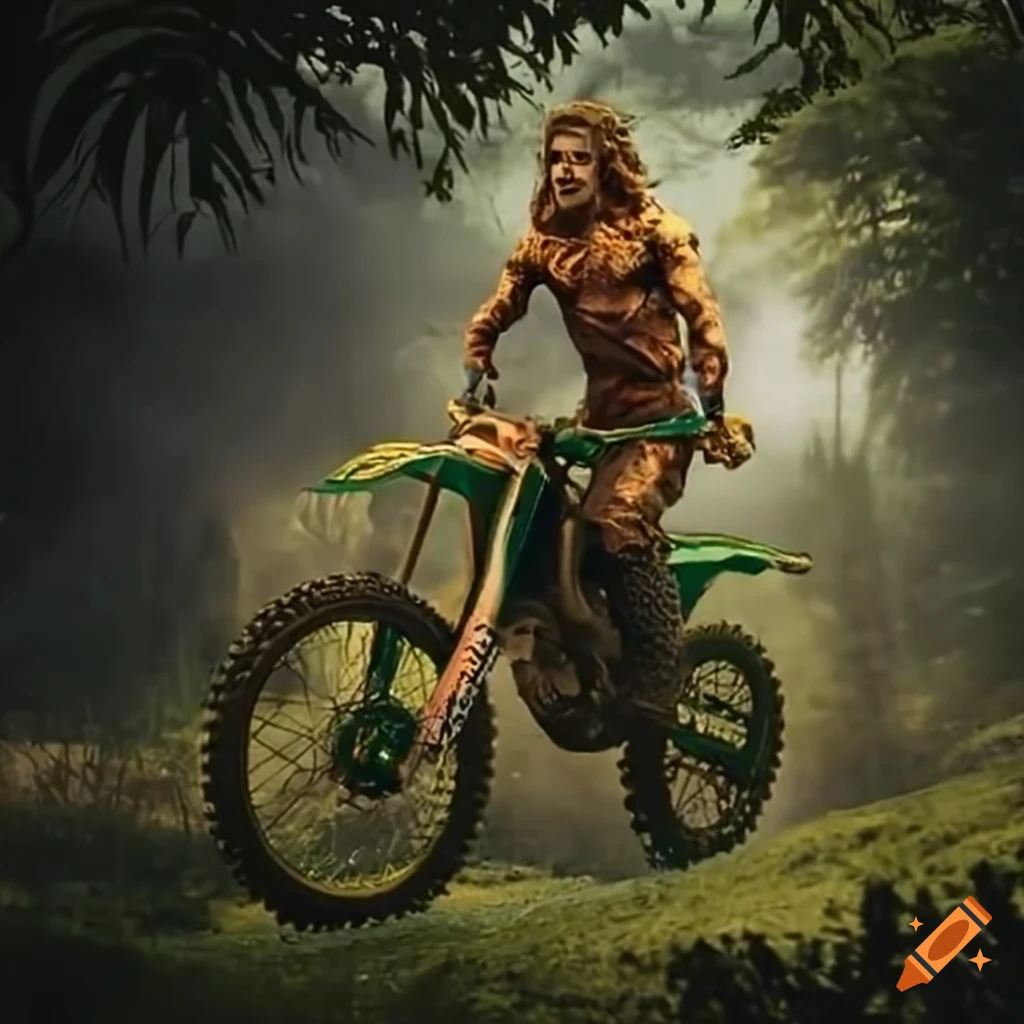 Tarzan riding Motocross bike with oversized glasses on Craiyon