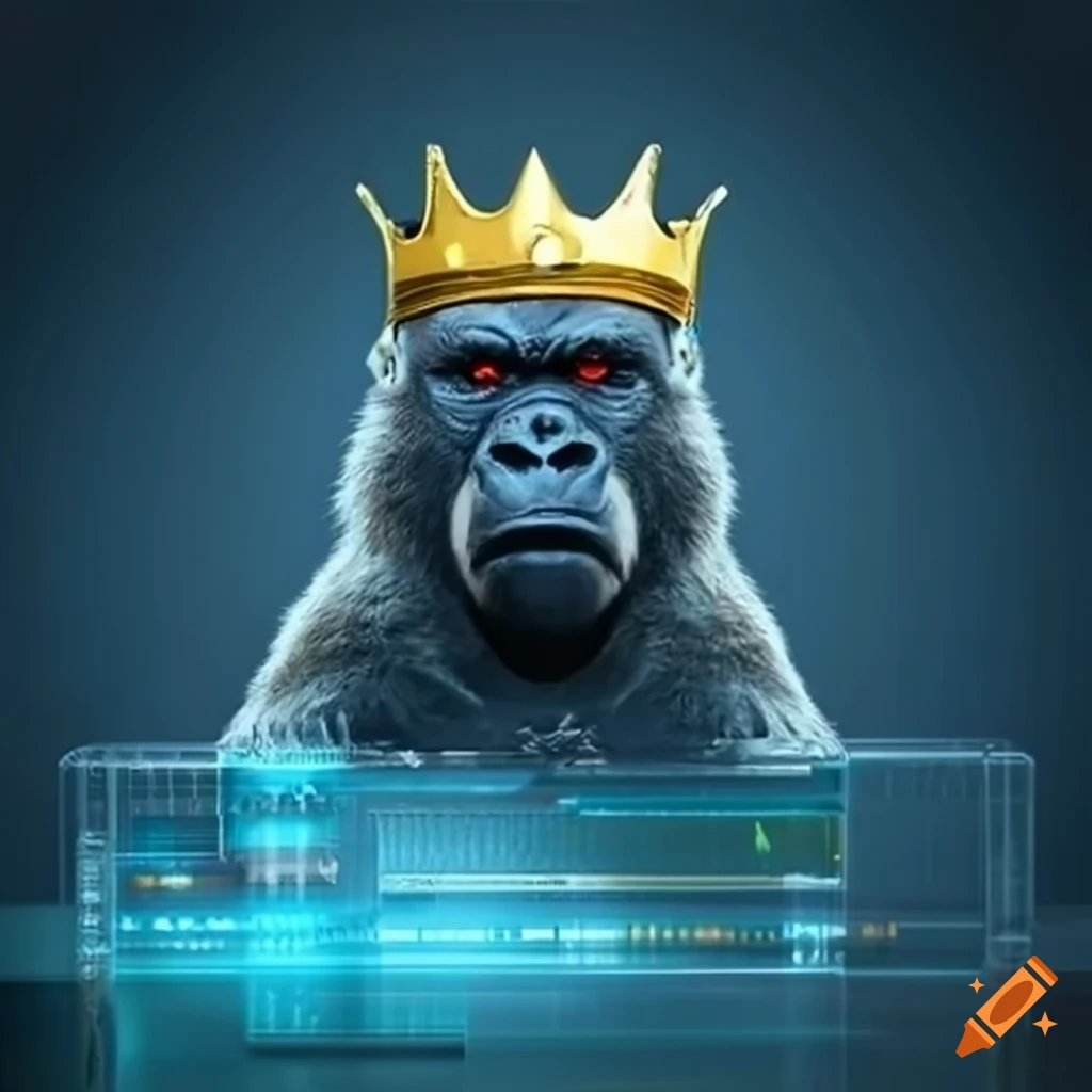 Futuristic gorilla ruler with golden crown and tech necklace in a lab ...