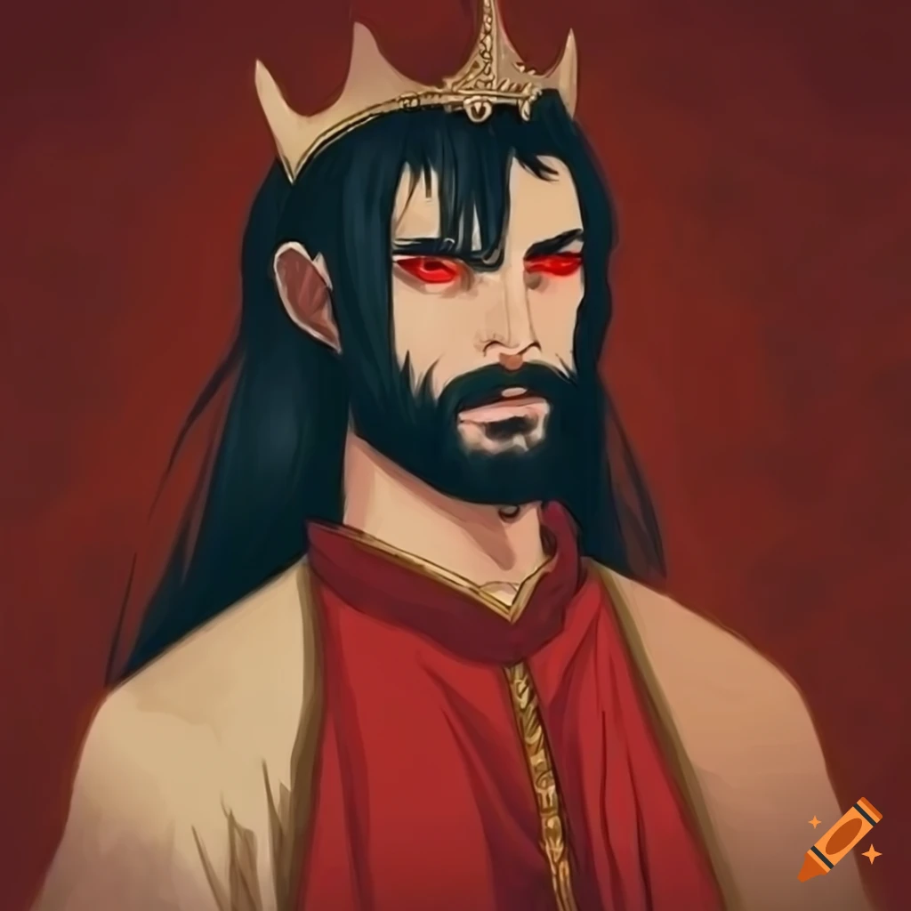 Young handsome lich with red eyes and a crown standing on a mountain on ...