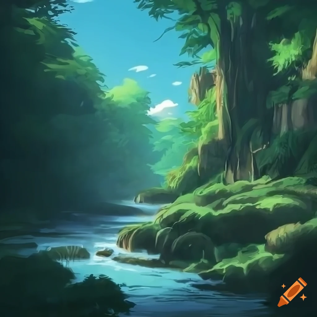 Wilderness river in Studio Ghibli style anime artwork by Hayao Miyazaki ...