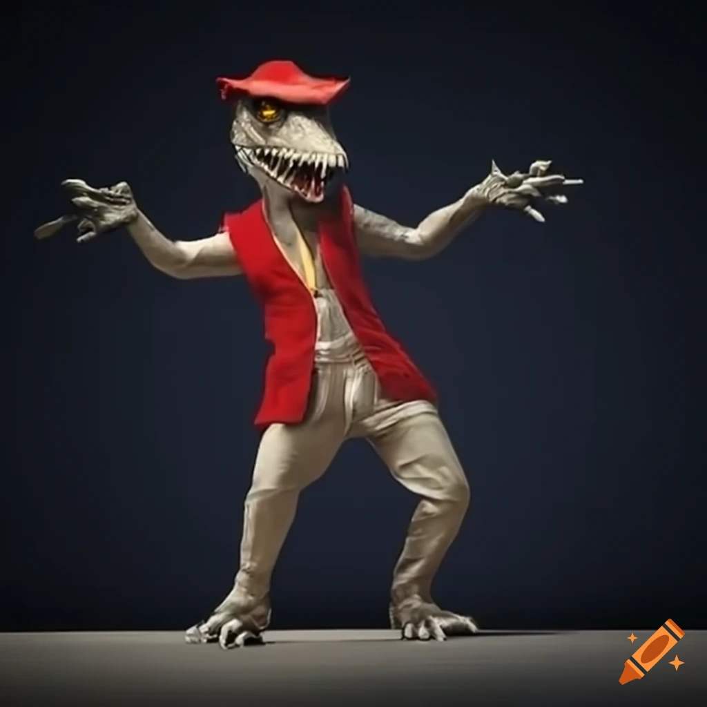 Velociraptor dancing MC Hammer's hammer time on a TV quiz on Craiyon