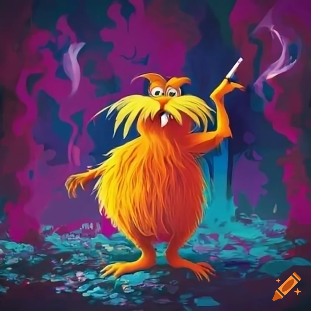 The Lorax character smoking in a Dr. Seuss style on Craiyon