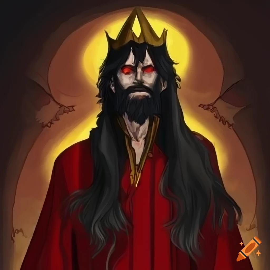 Young handsome Lich with red eyes and a crown standing on a mountain on ...