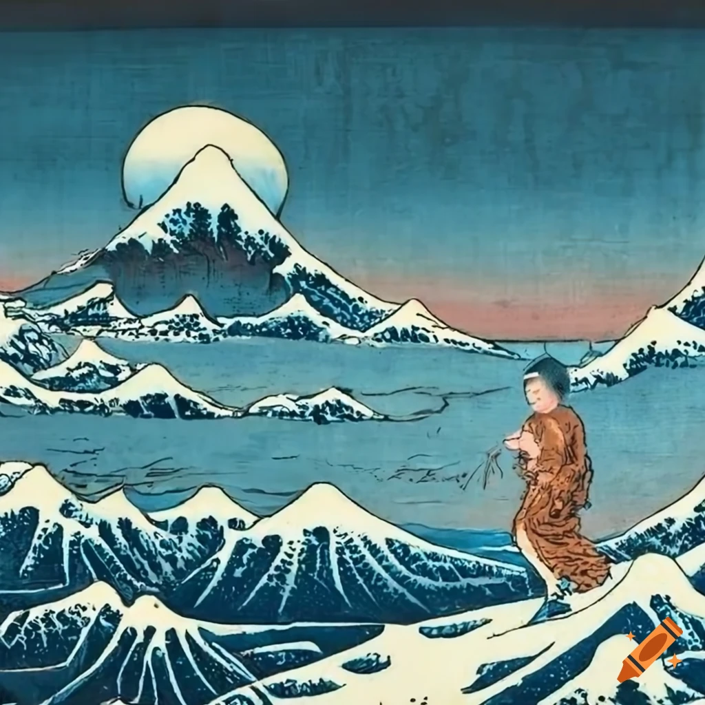 Buddha running on a forest trail with snow-topped mountains in the ...