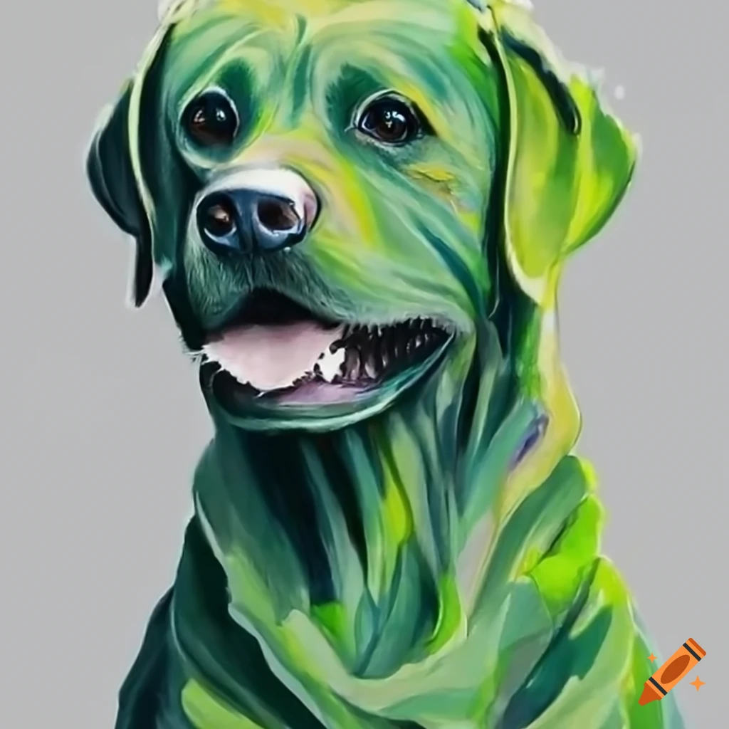Un chien vert et jaune de type labrador sur fond noir on Craiyon