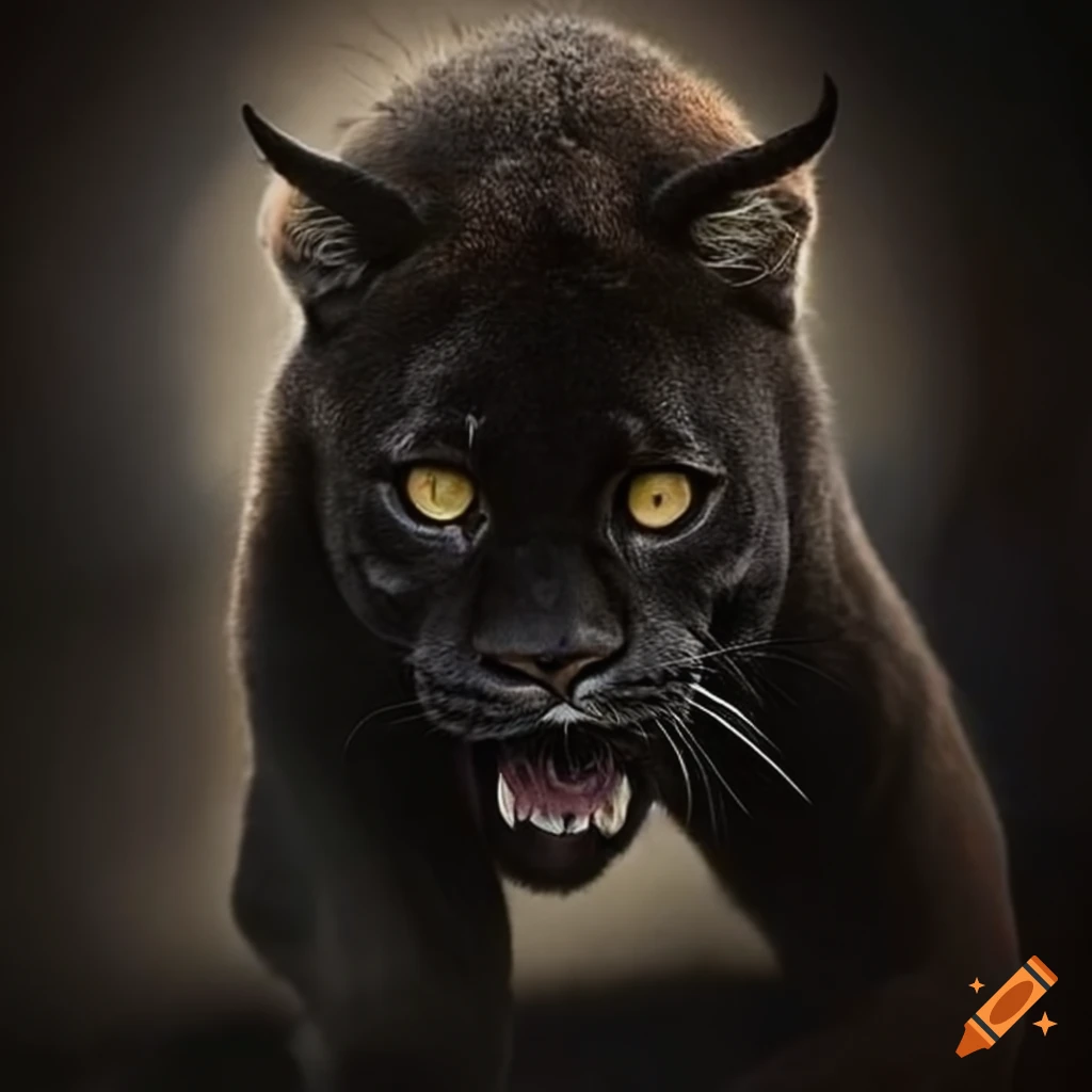 Vicious huge black big cat with horns ready to pounce on Craiyon