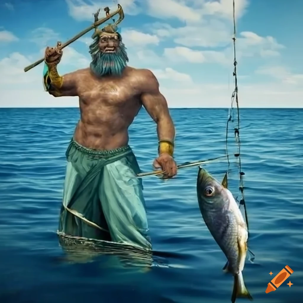 Poseidon in fishing boat with a fish, wearing fishing gear on Craiyon