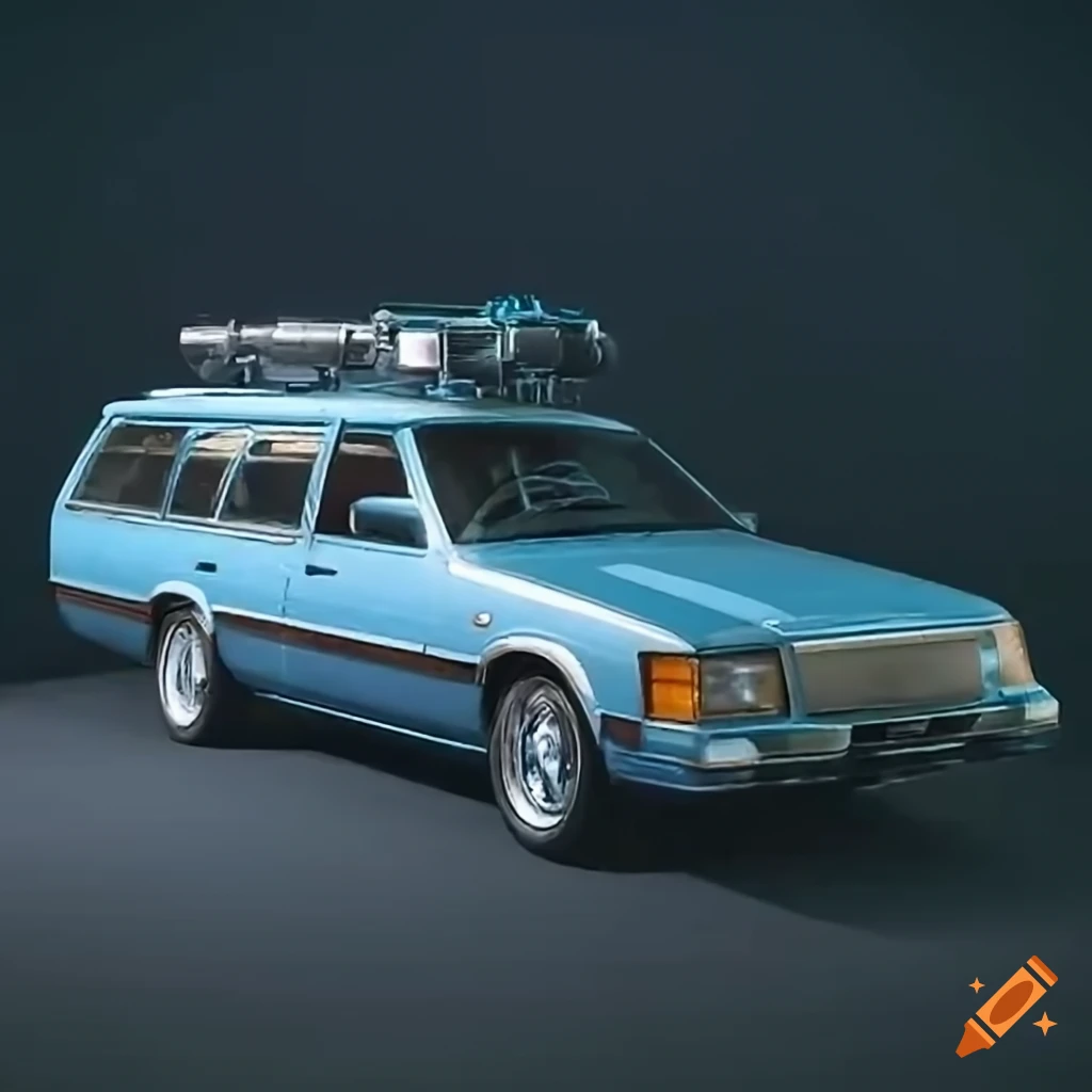 Science fiction 80s station wagon with technical upgrades on a hill at ...