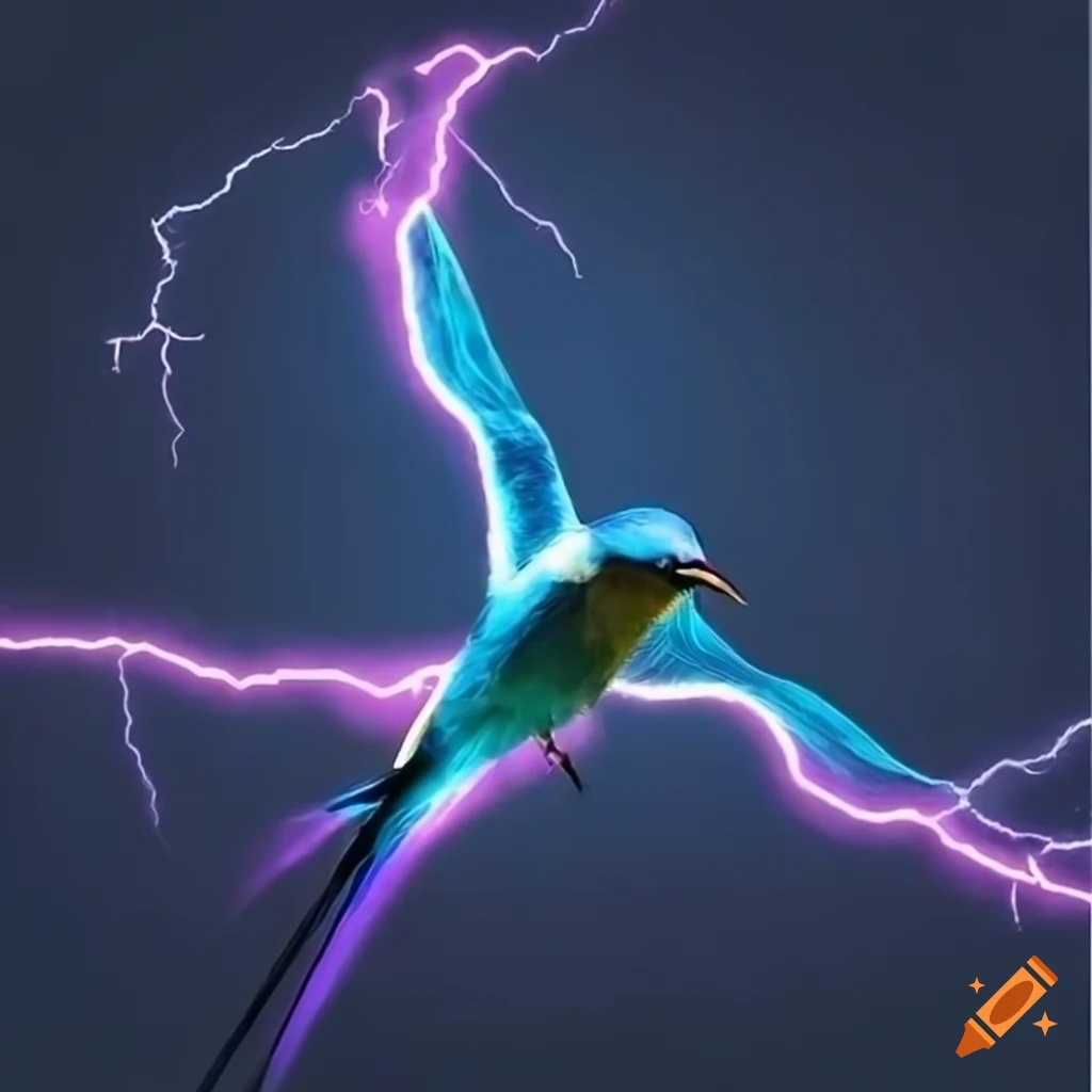 Blue Swallow bird soaring above a neon-lit lightning storm in digital ...