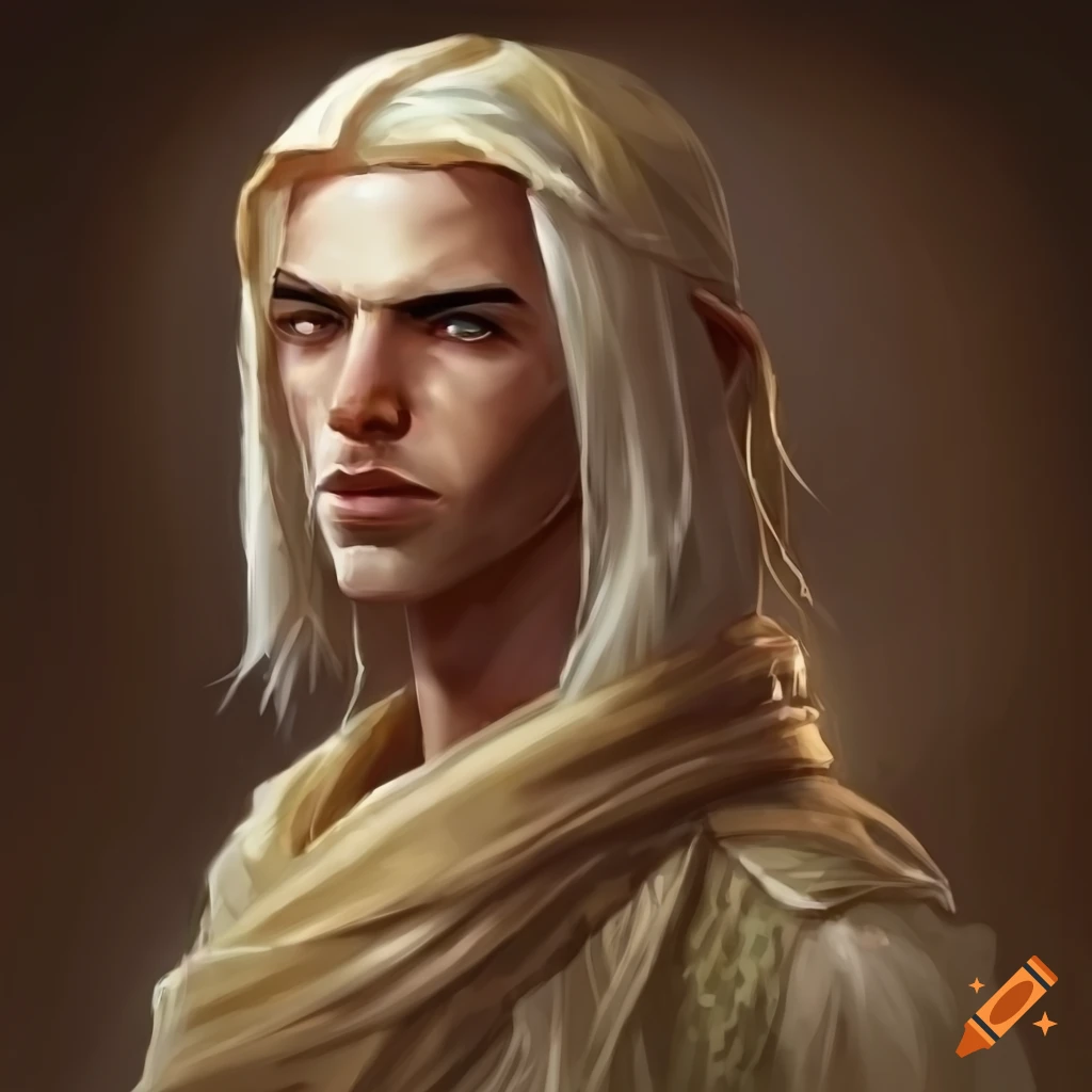 Arab-skinned blonde elf male in desert robes, fantasy art portrait on ...
