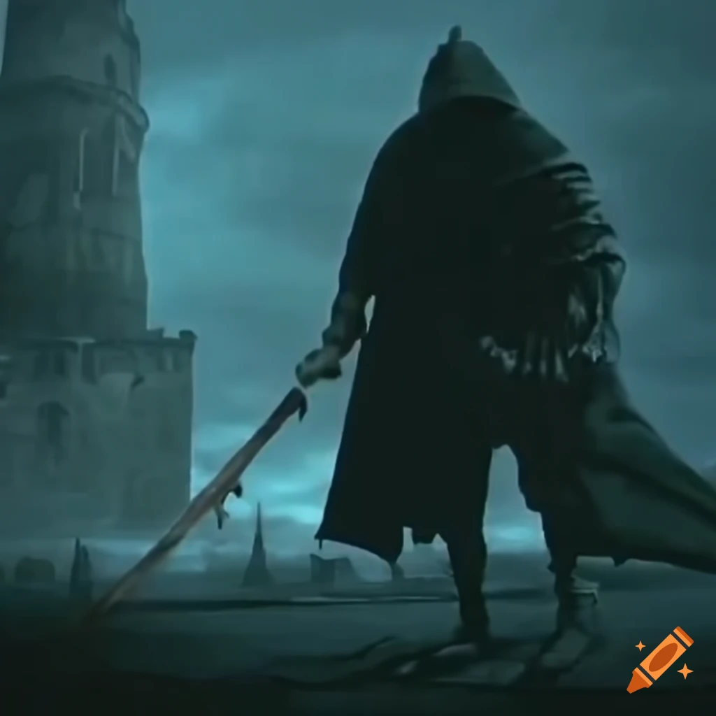 Knight in black hoodie approaching castle gate in dark fantasy setting ...