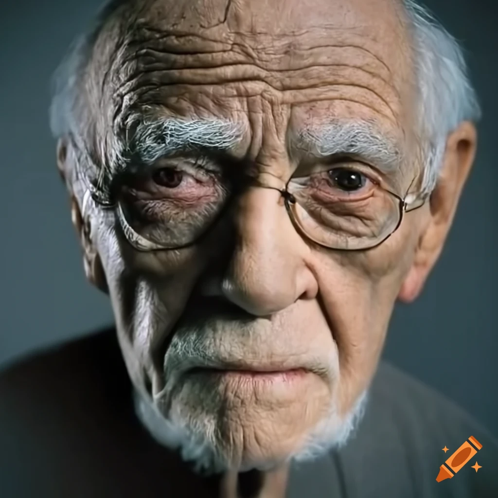 Elderly Hollywood movie actor looking wise in a cinematic close-up shot ...