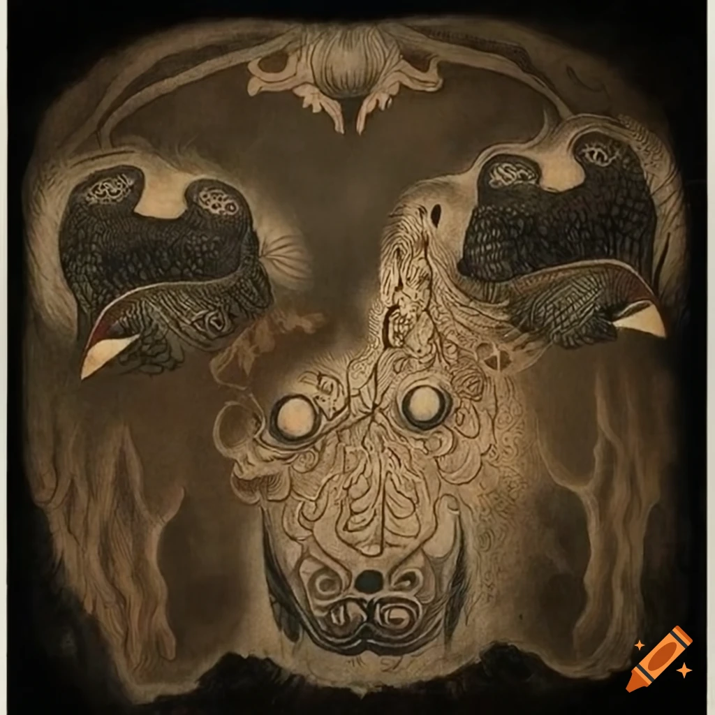 Photorealistic illustration of native salish creature motifs and spirit ...