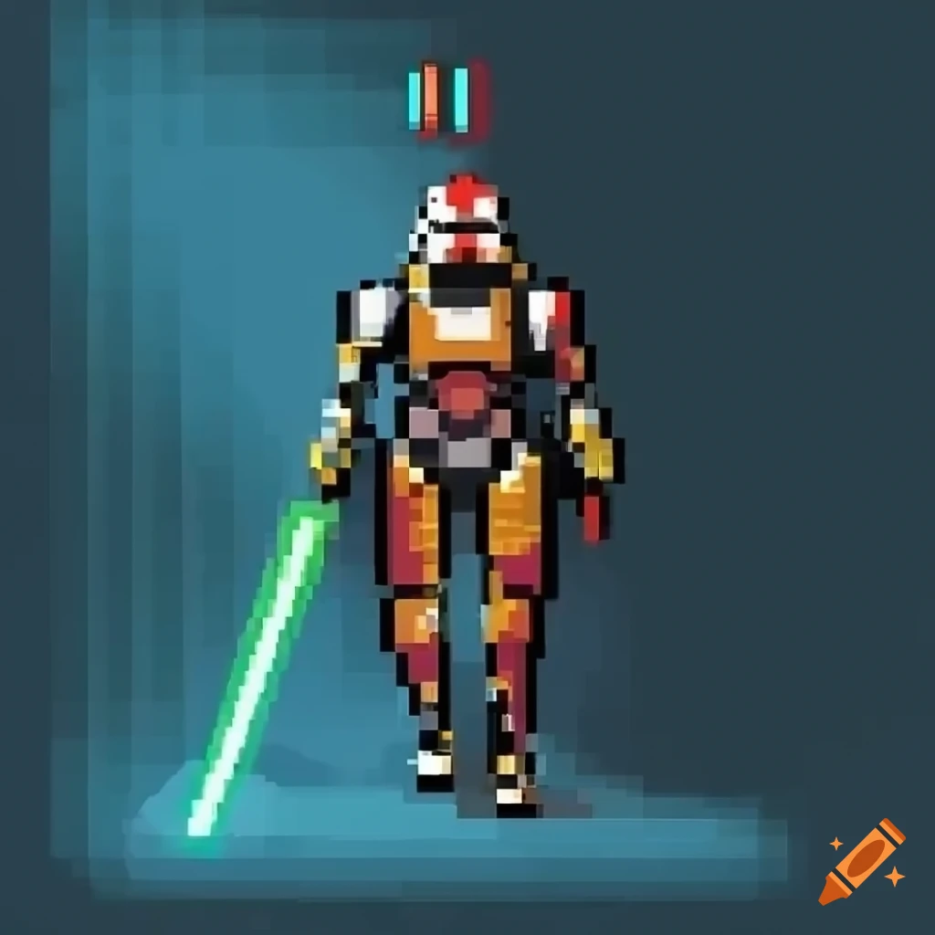 Colorful pixel art of a Star Wars commando wielding a lightsaber on Craiyon