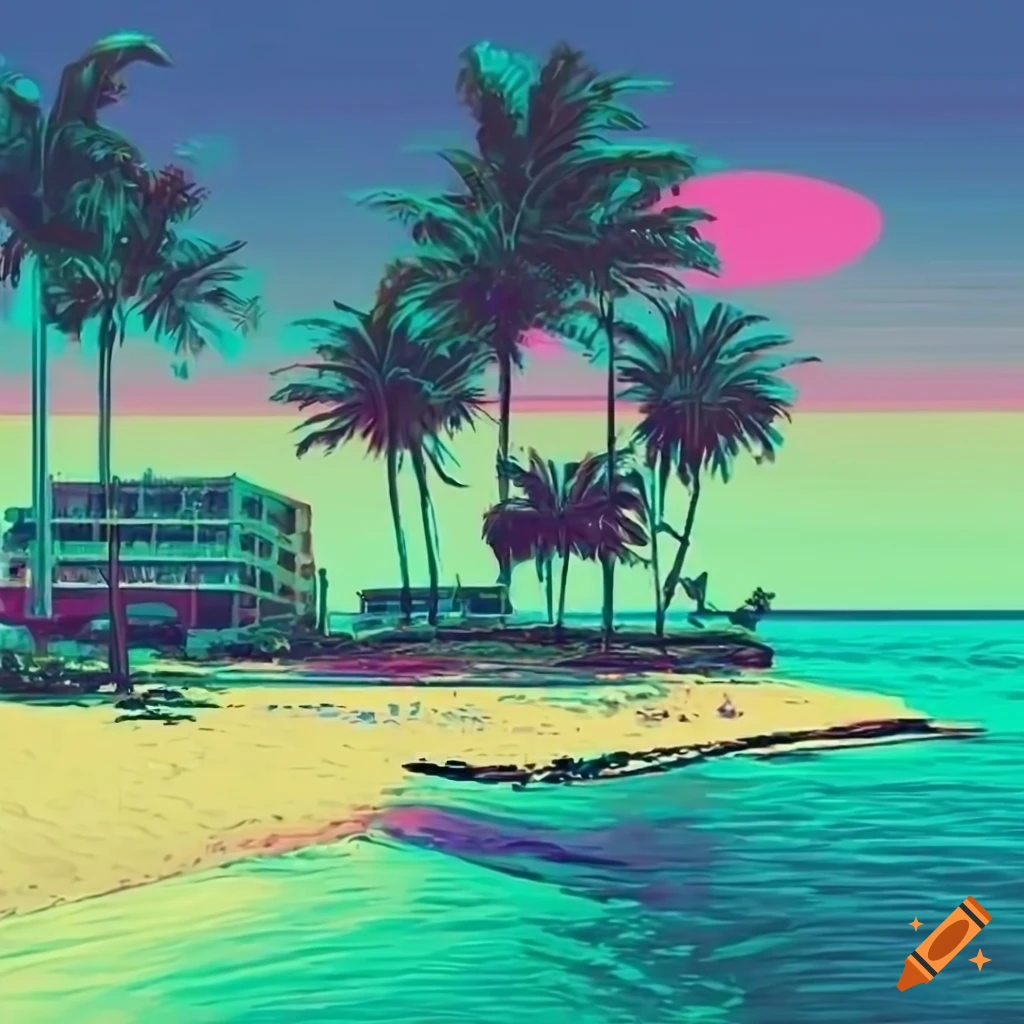 Vaporwave style retro 80s beach with palm trees in vice city on Craiyon