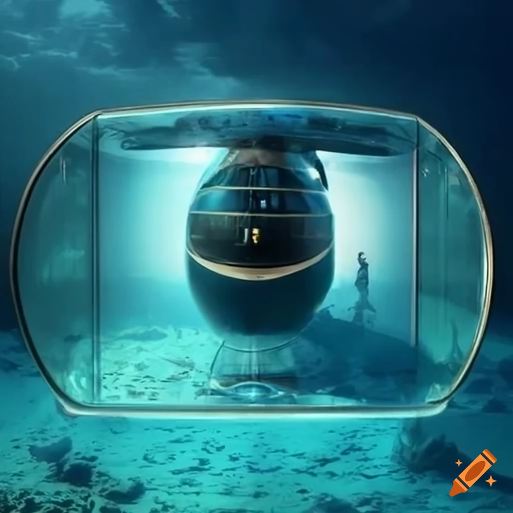 Futuristic submarine in a glass box submerged in the sea on Craiyon