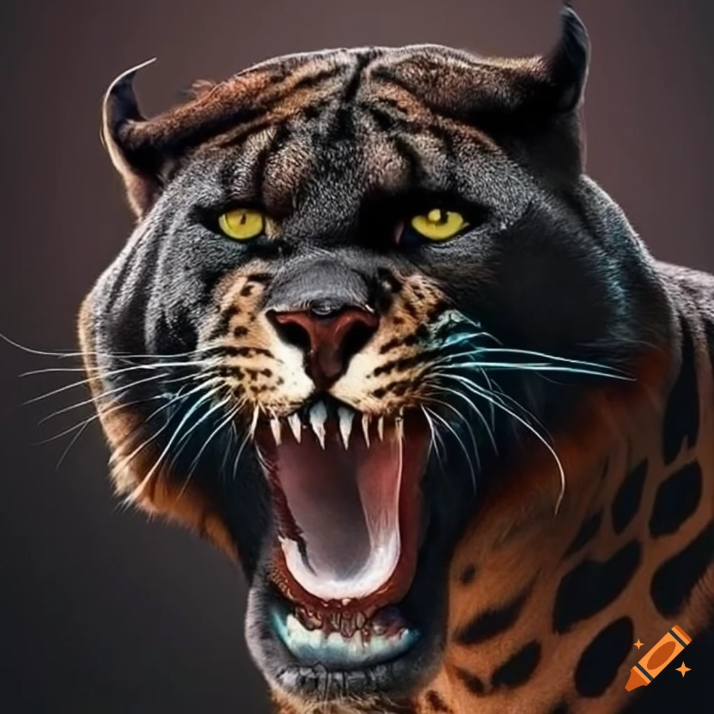 Fearless black big cat with horns ready to pounce in a fantasy setting ...