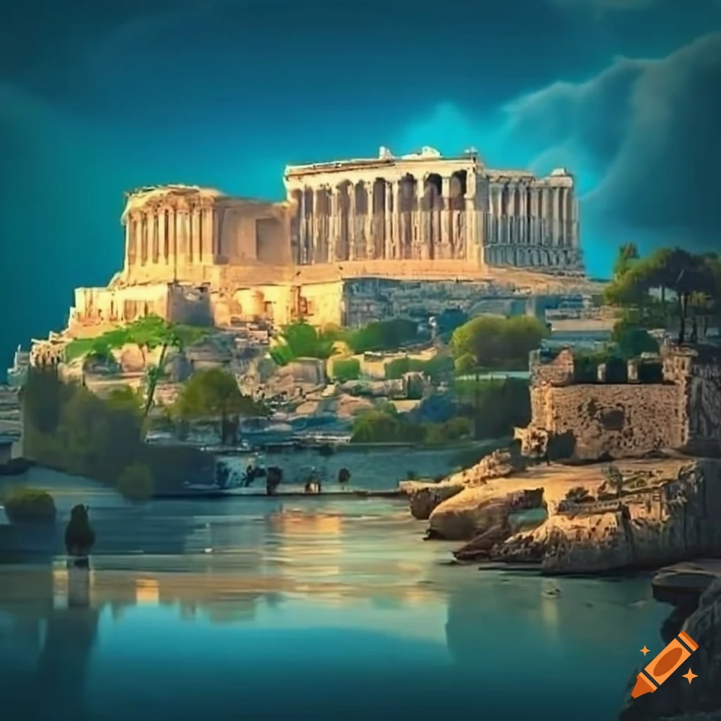 Ancient greek city dedicated to apollo with acropolis, marble and ...