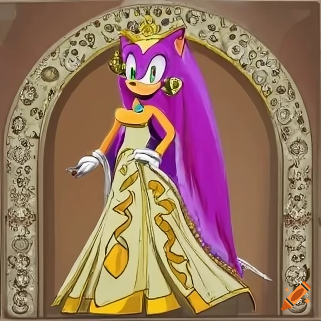 Queen Aleena Hedgehog in rich cloth-of-gold gown with pearls and jewels ...