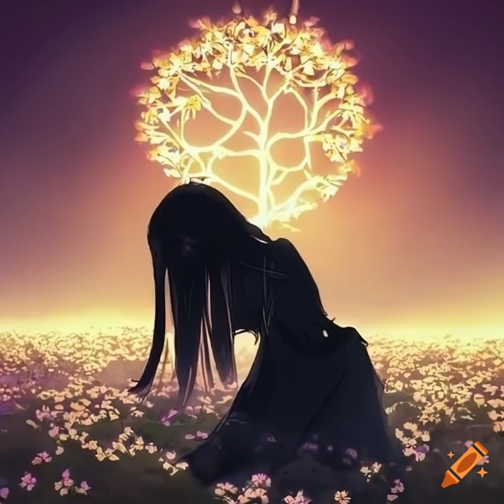 Divine anime goth silhouette kneeling in light flower field with tree ...