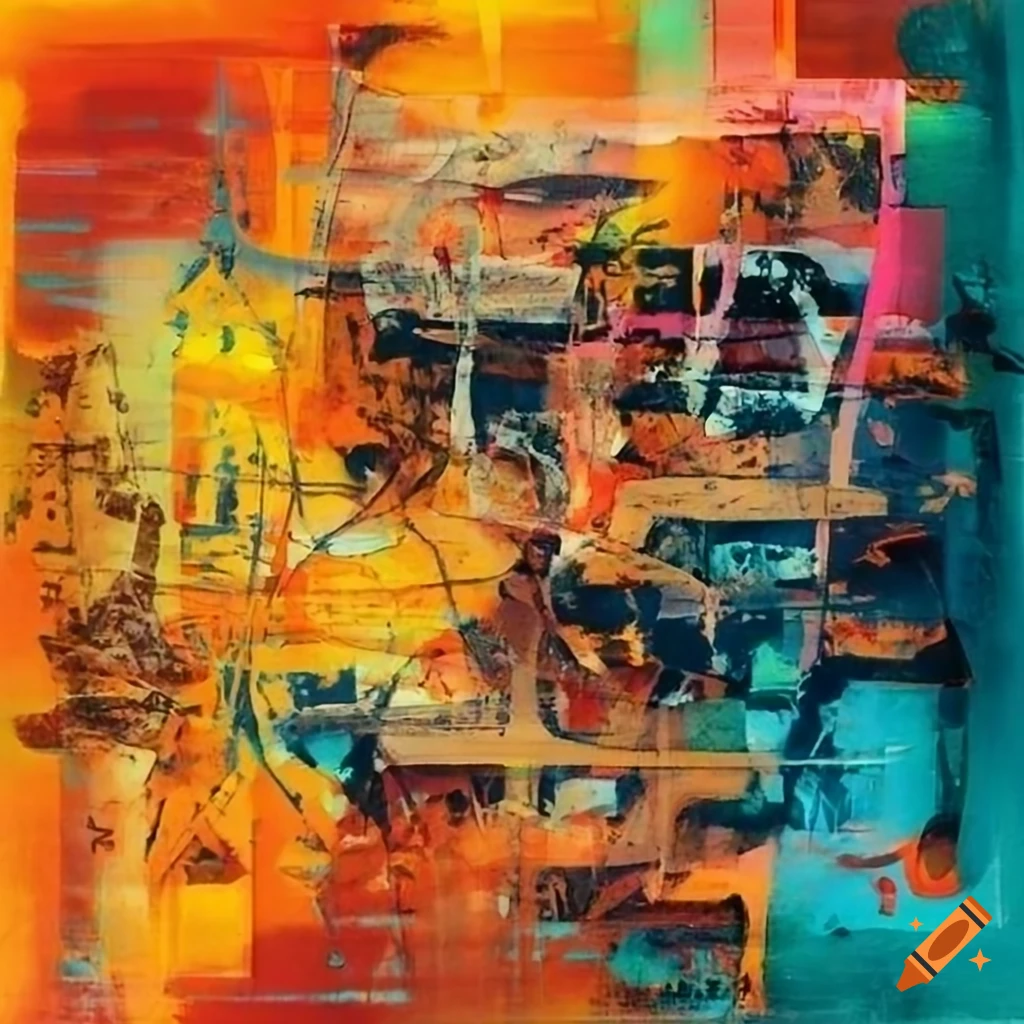 Abstract painting with multi-layered collages in a chaotic yet balanced ...