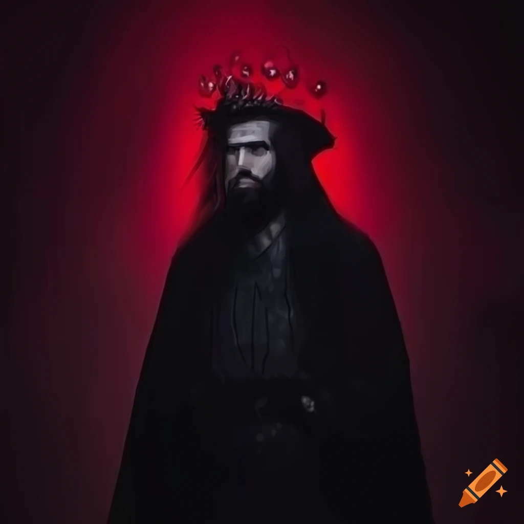 Young handsome Lich with red eyes and a crown standing on a mountain on ...