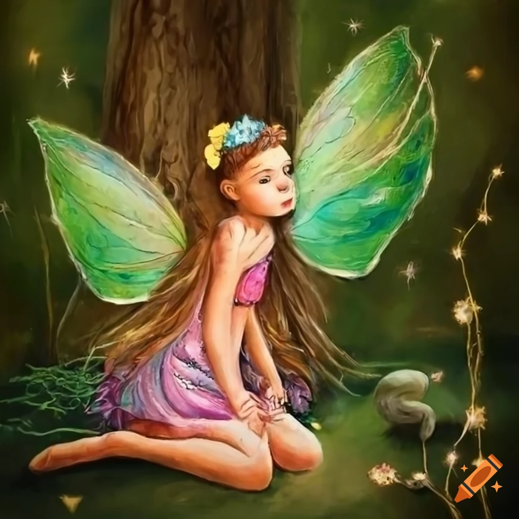 Whimsical fairy painting with child, wings, and magical forest on Craiyon
