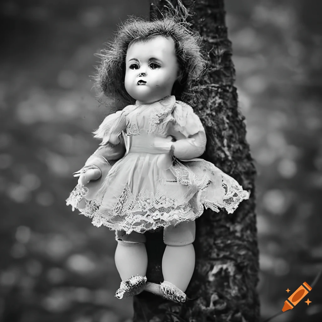 Antique dolls hanging from trees in black and white on Craiyon