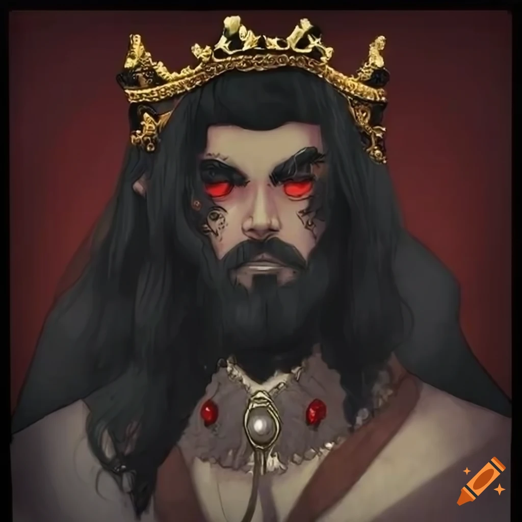 Young handsome lich with red eyes, black beard, and old crown standing ...