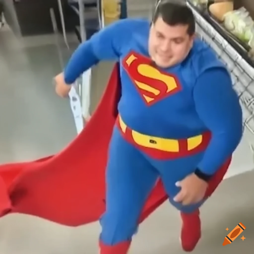 Blurred snapshot of a chubby superman running in walmart with ...