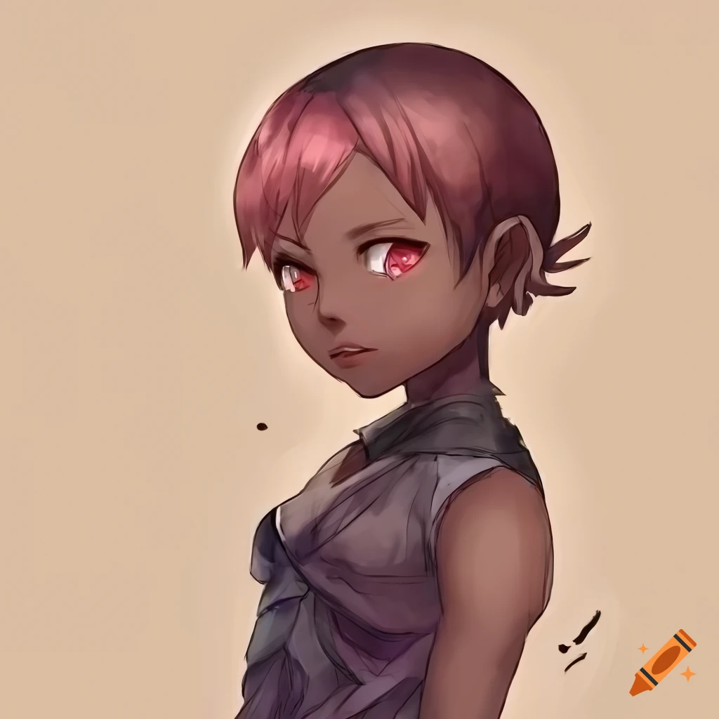 RPG anime female villager with shaved short hair in watercolor style on ...